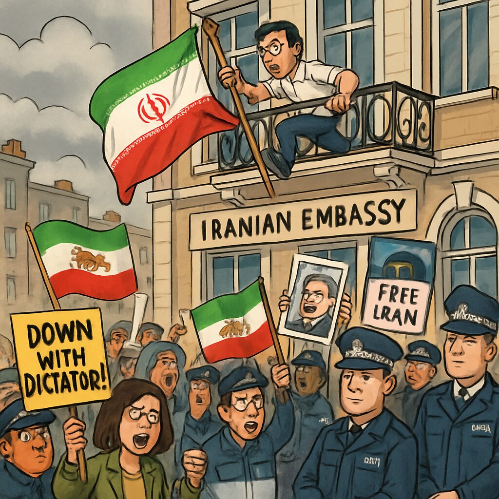 Protester climbs on to balcony of Iranian embassy in London - Herald Times
